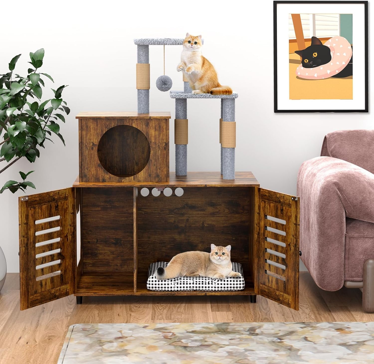 Cat Tree with Litter Box Enclosure, Cat Litter Box Enclosure with ...