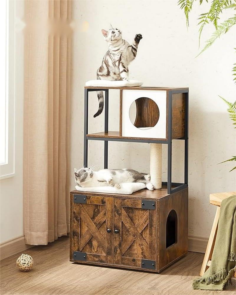 Cat Tree with Litter Box Enclosure Furniture Corner Wooden Cat Tower ...