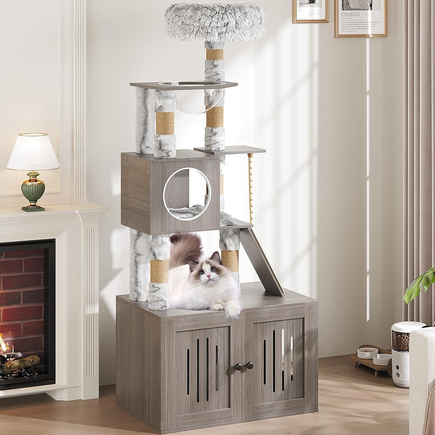 Cat Tree with Litter Box Enclosure, Hidden Washroom Litter Box Tree ...