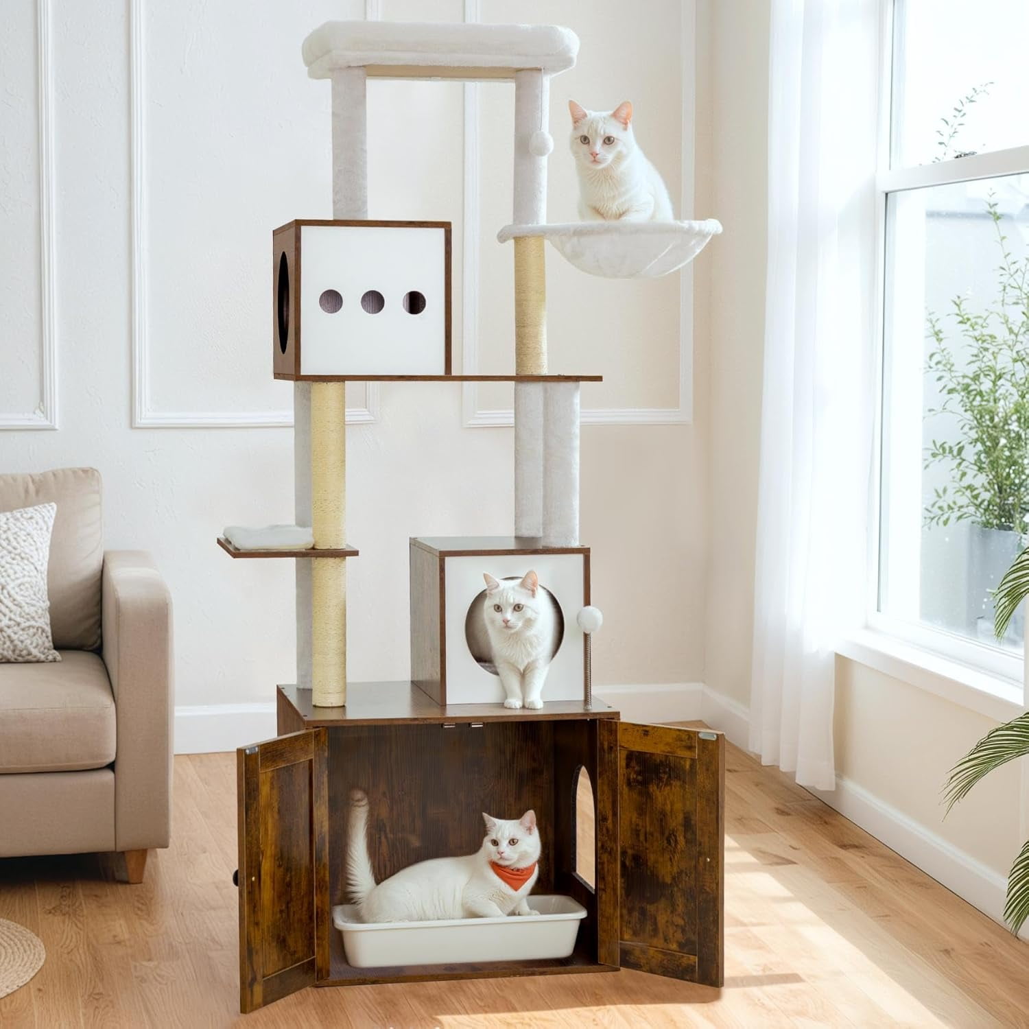 Cat Tree with Litter Box Enclosure, Modern 2-in-1 Cat Tree Tower with ...