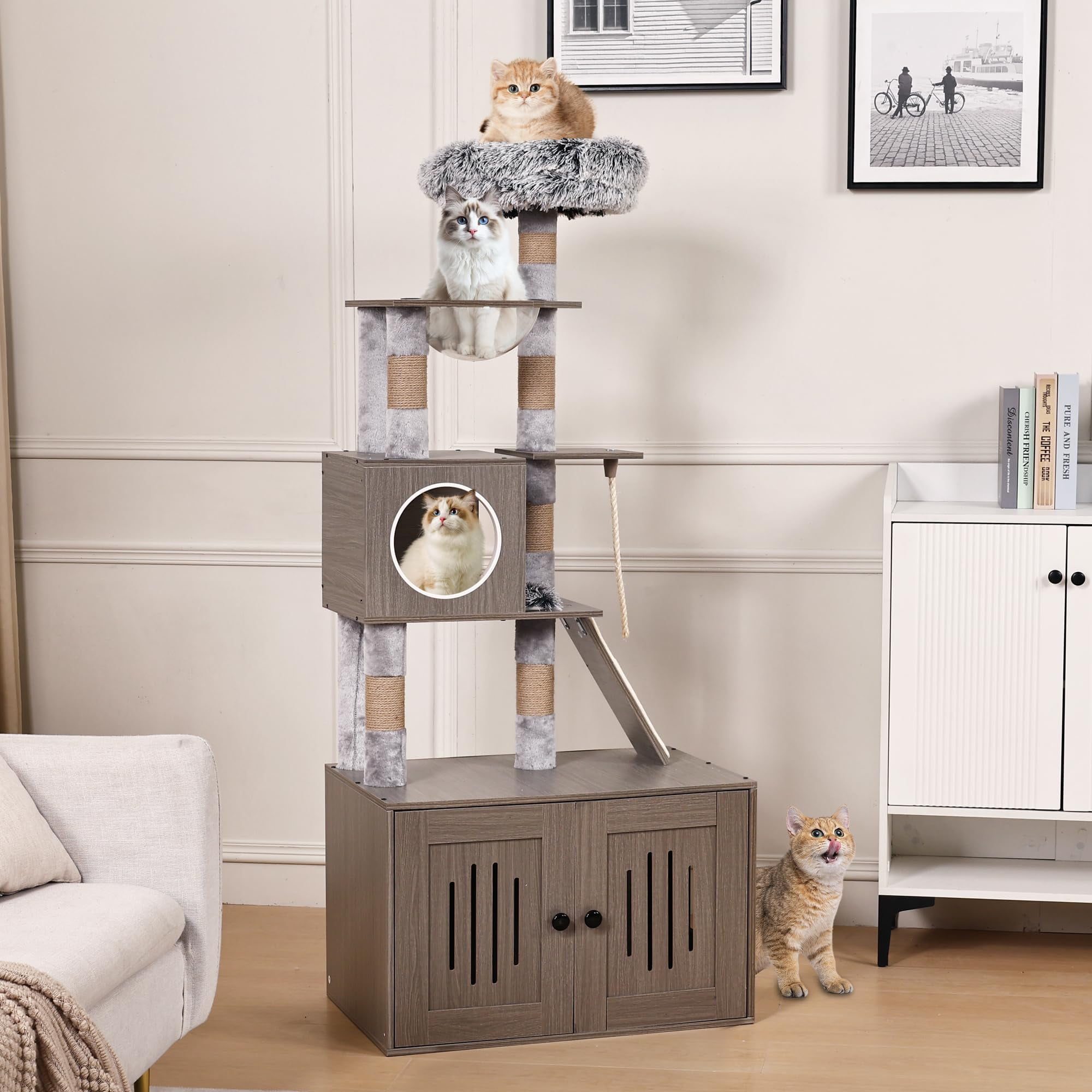 Cat Tree with Litter Box Enclosure,Modern Cat Tower for Indoor Cats ...
