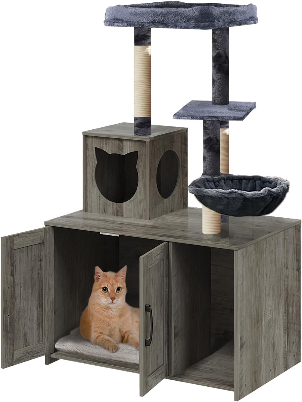 Cat Tree with Litter Box, Wood Litter Box Enclosure with Food Station ...