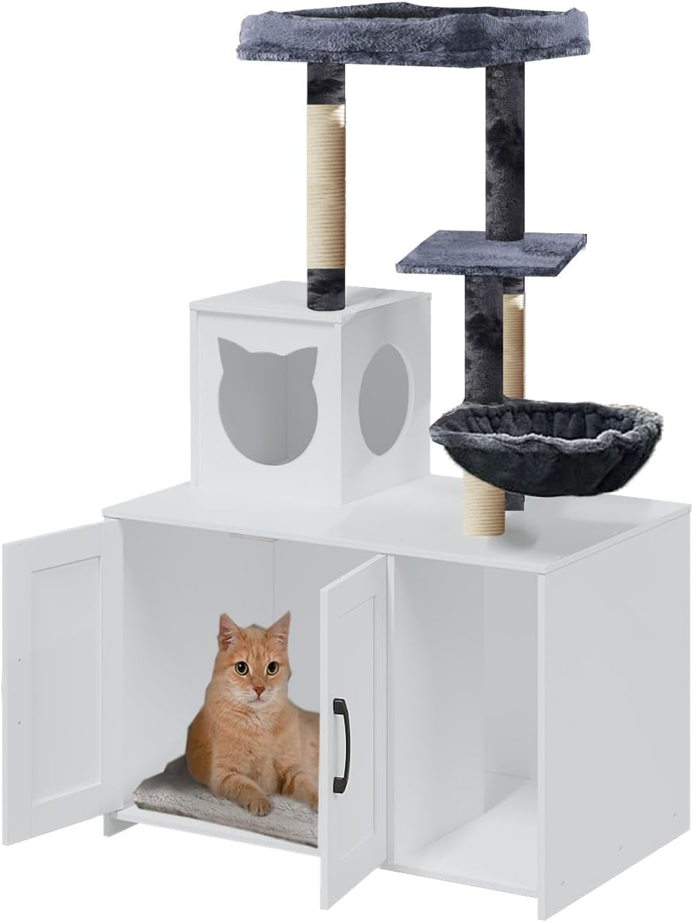 Cat Tree with Litter Box, Wood Litter Box Enclosure with Food Station ...