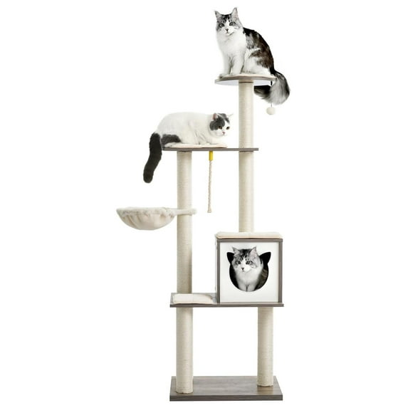 Cat Tree Modern 65" Tall Wood Cat Tower for Indoor Cats - Grey Condo ...