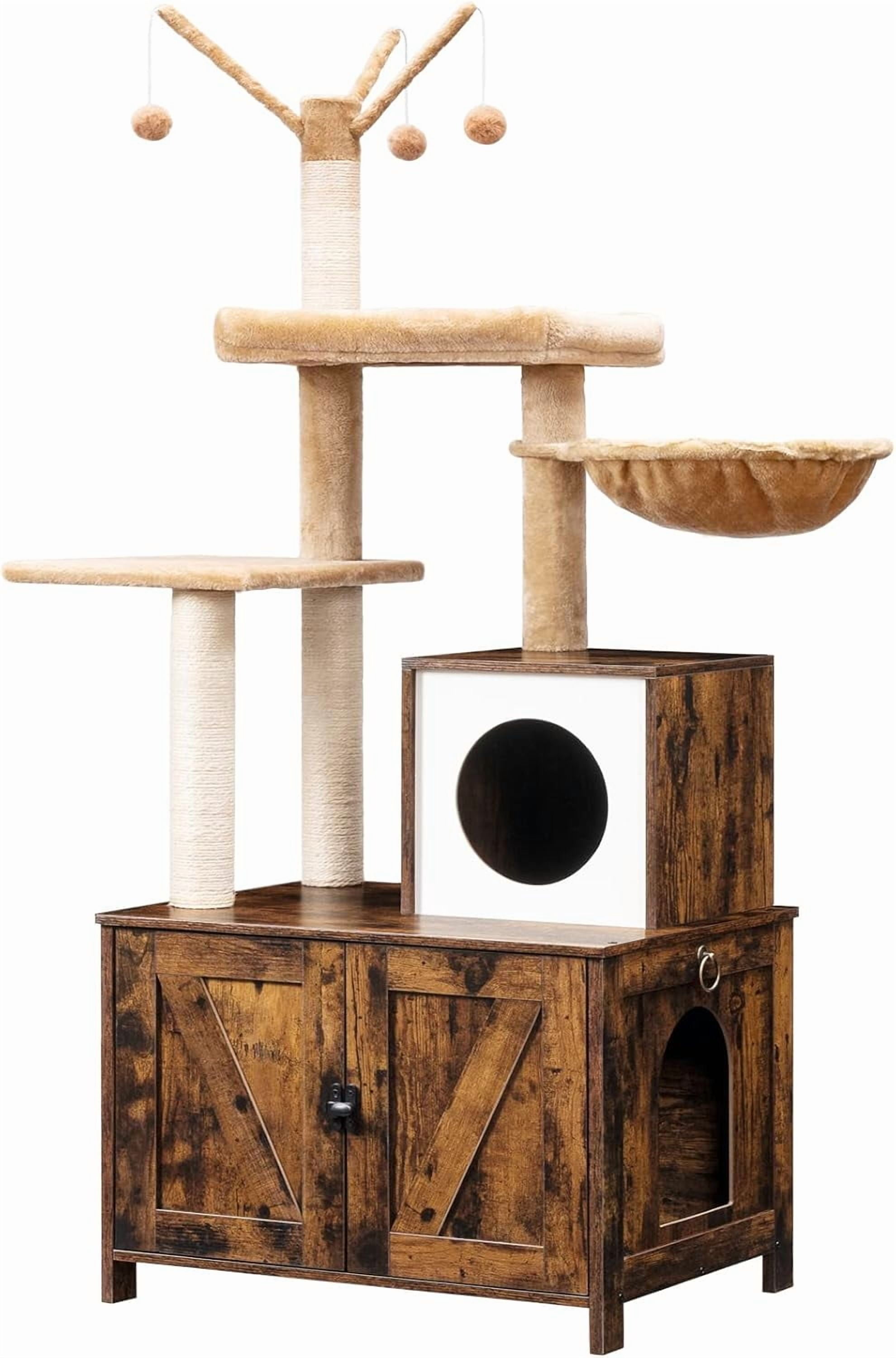 Cat Tree Tower with Litter Box Enclosure Indoor Wooden Cat Condo with ...