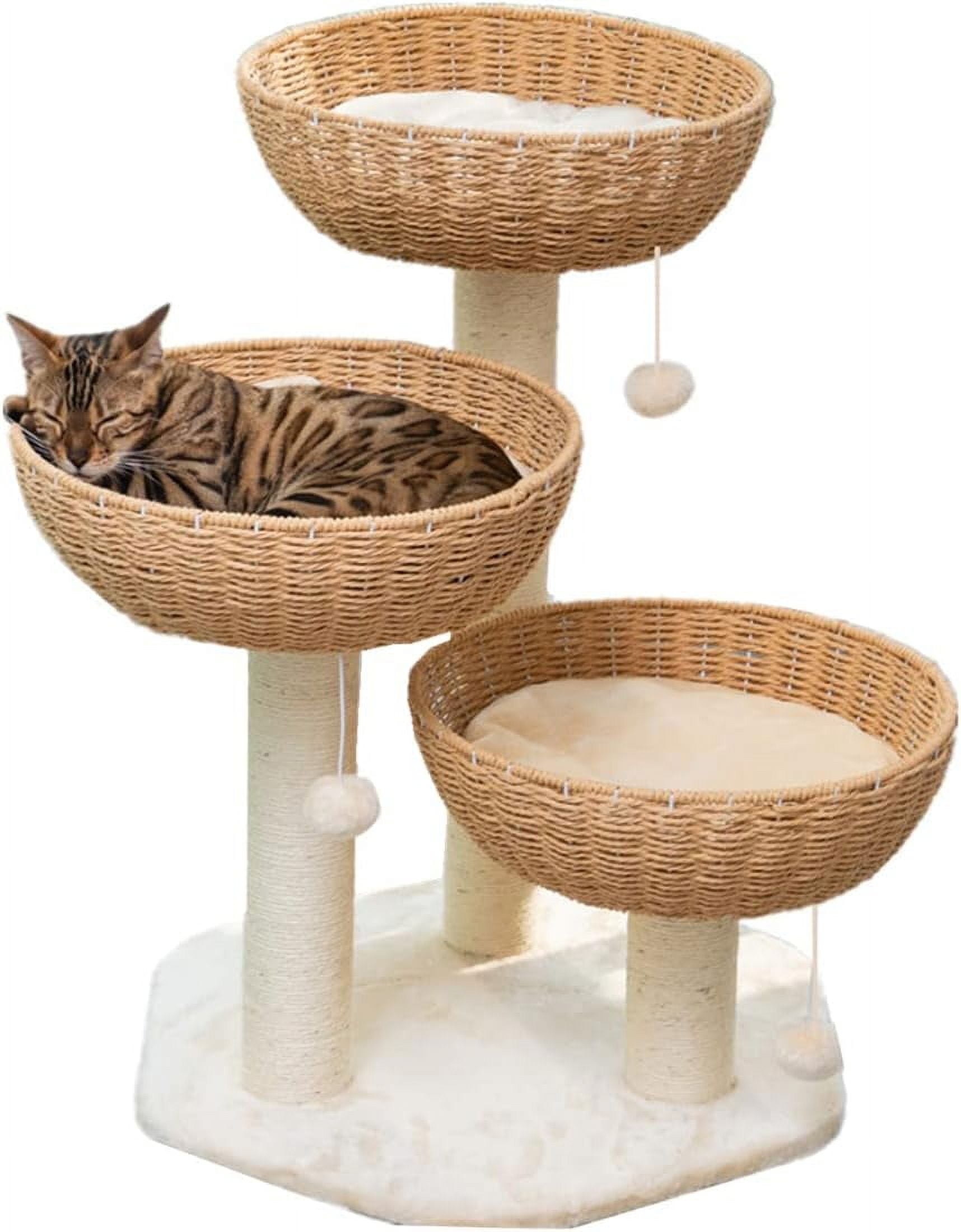 Cat Tree Tower with Rattan Wicker Basket, 3 Handwoven Large Nest ...