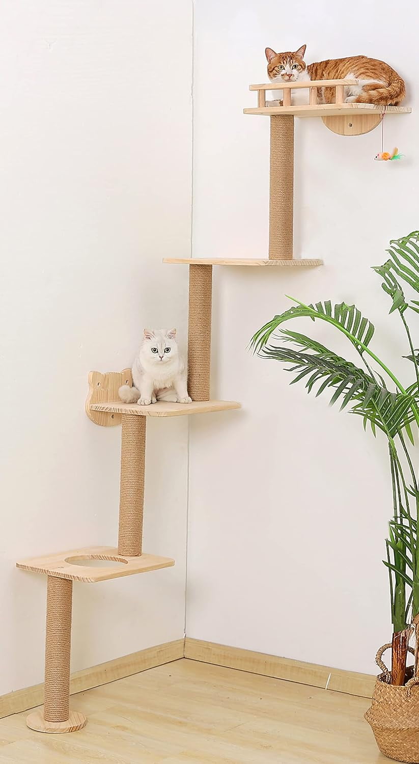 Cat Tree Wall Mounted with 4 Levels Shelves, 73" Wood Corner Tower ...