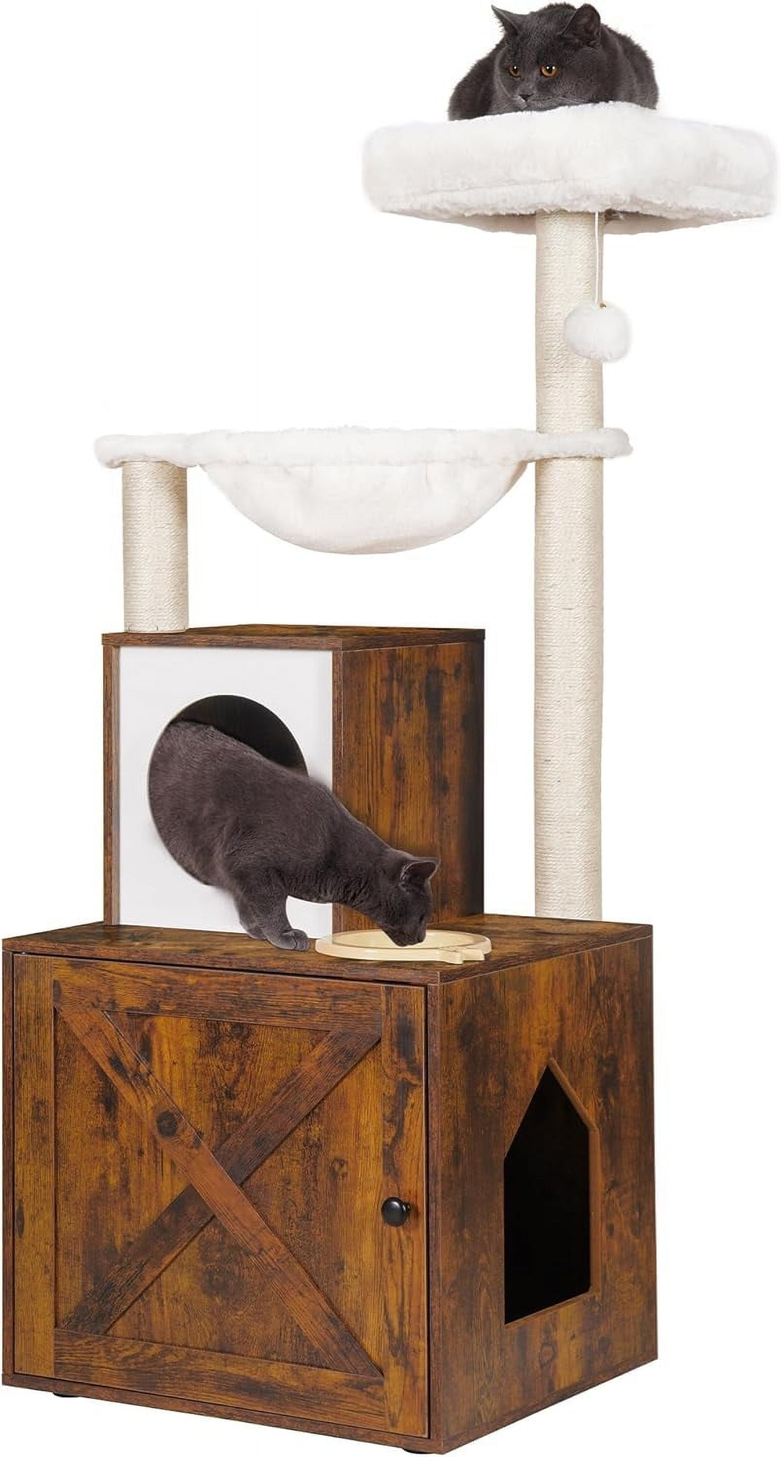 Cat Tree, Wood Litter Box Enclosure with Food Station, All-in-one ...