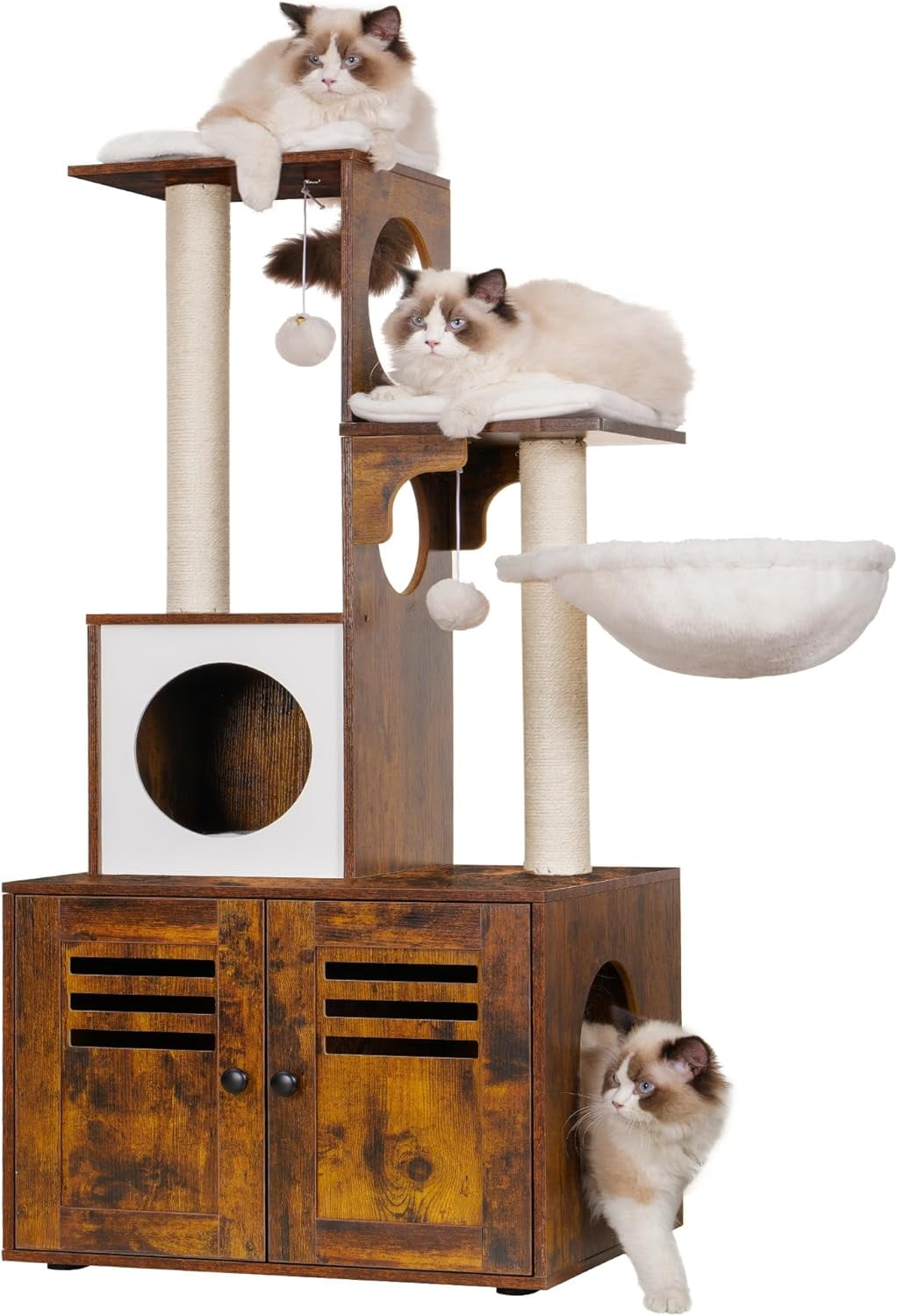 Cat Tree, Wood Litter Box Enclosure with Food Station, All-in-one ...