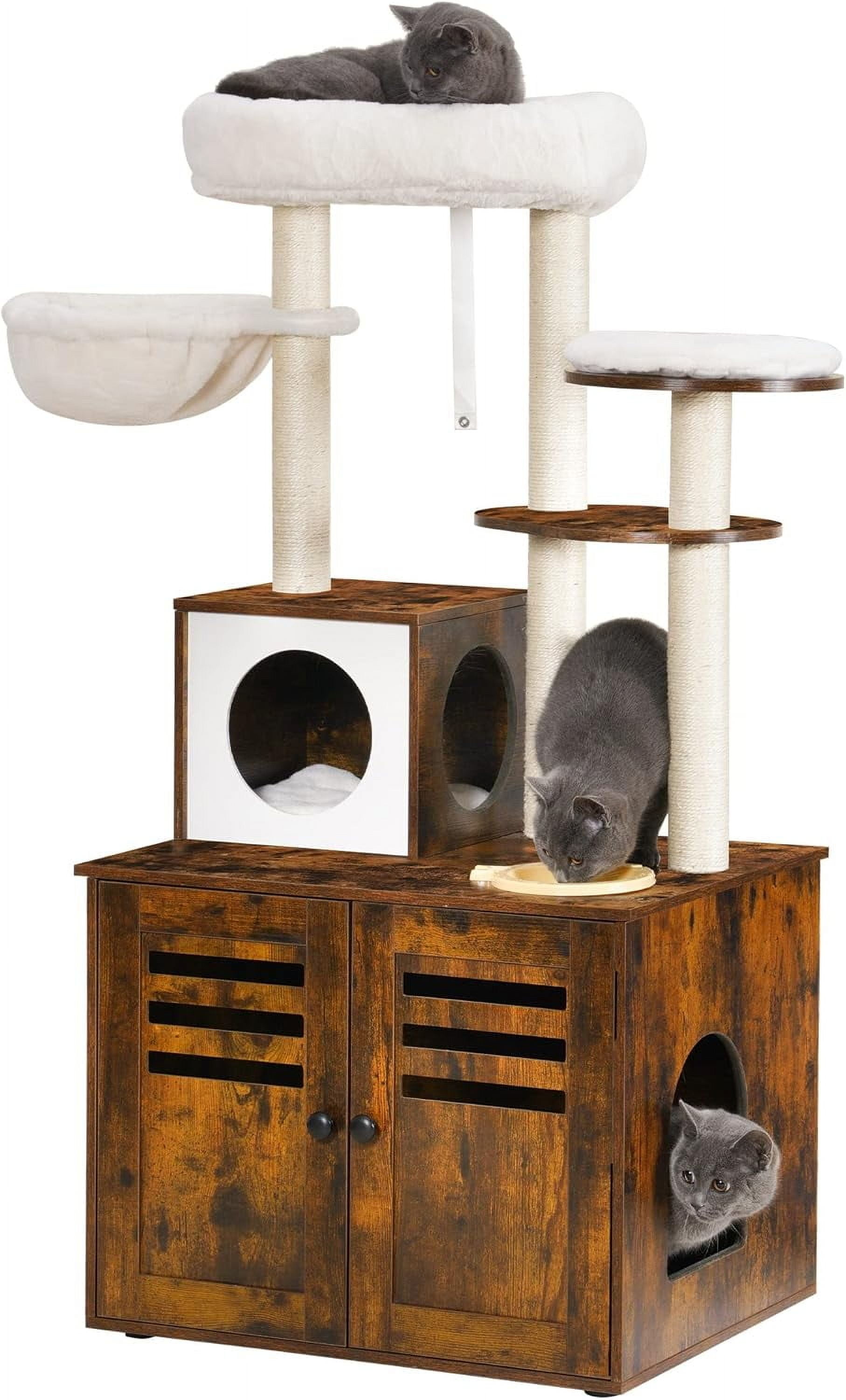 Cat Tree, Wood Litter Box Enclosure with Food Station, All-in-one ...