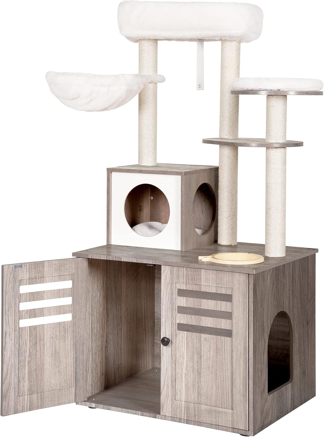 Cat Tree, Wood Litter Box Enclosure with Food Station, All-in-one ...