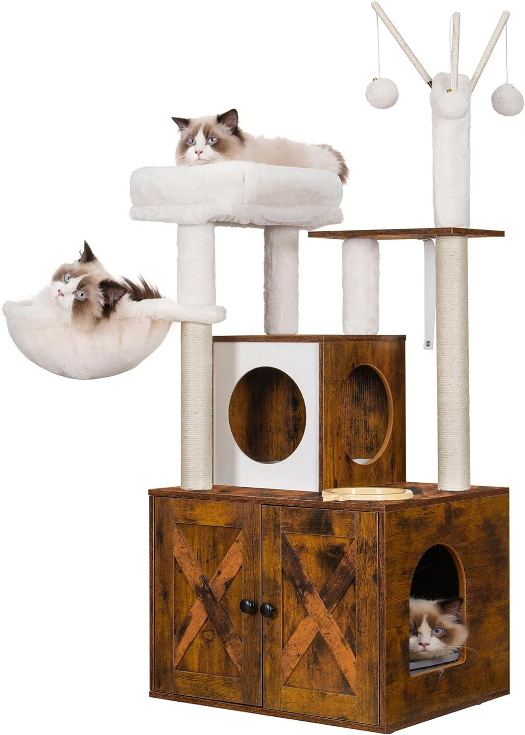 Cat Tree, Wood Litter Box Enclosure with Food Station, All-in-one ...