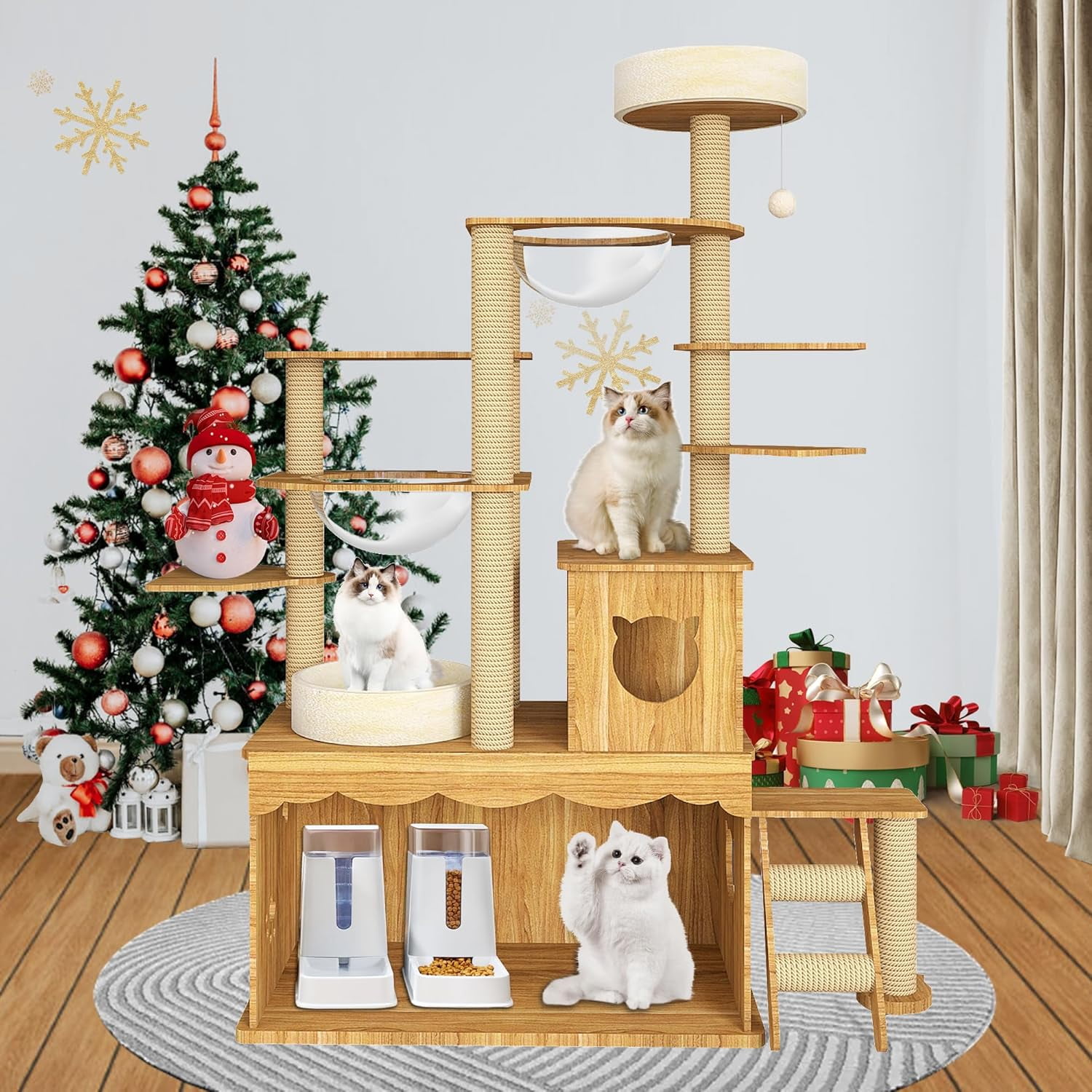 Cat Tree, Wooden Cat Tree Tower for Indoor Cats, 59.3" Wood Modern Cat ...