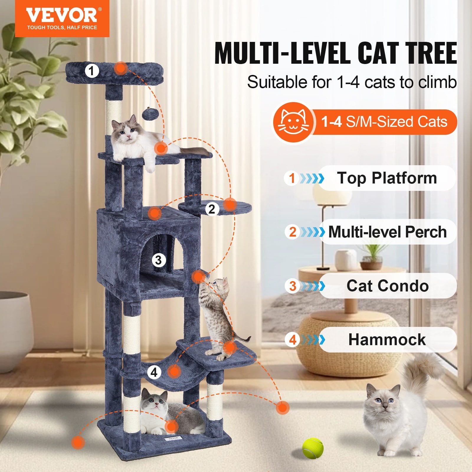 Cat Tree for Indoor Cats, 60.6" Cat Tower with Cat Condo, Sisal ...