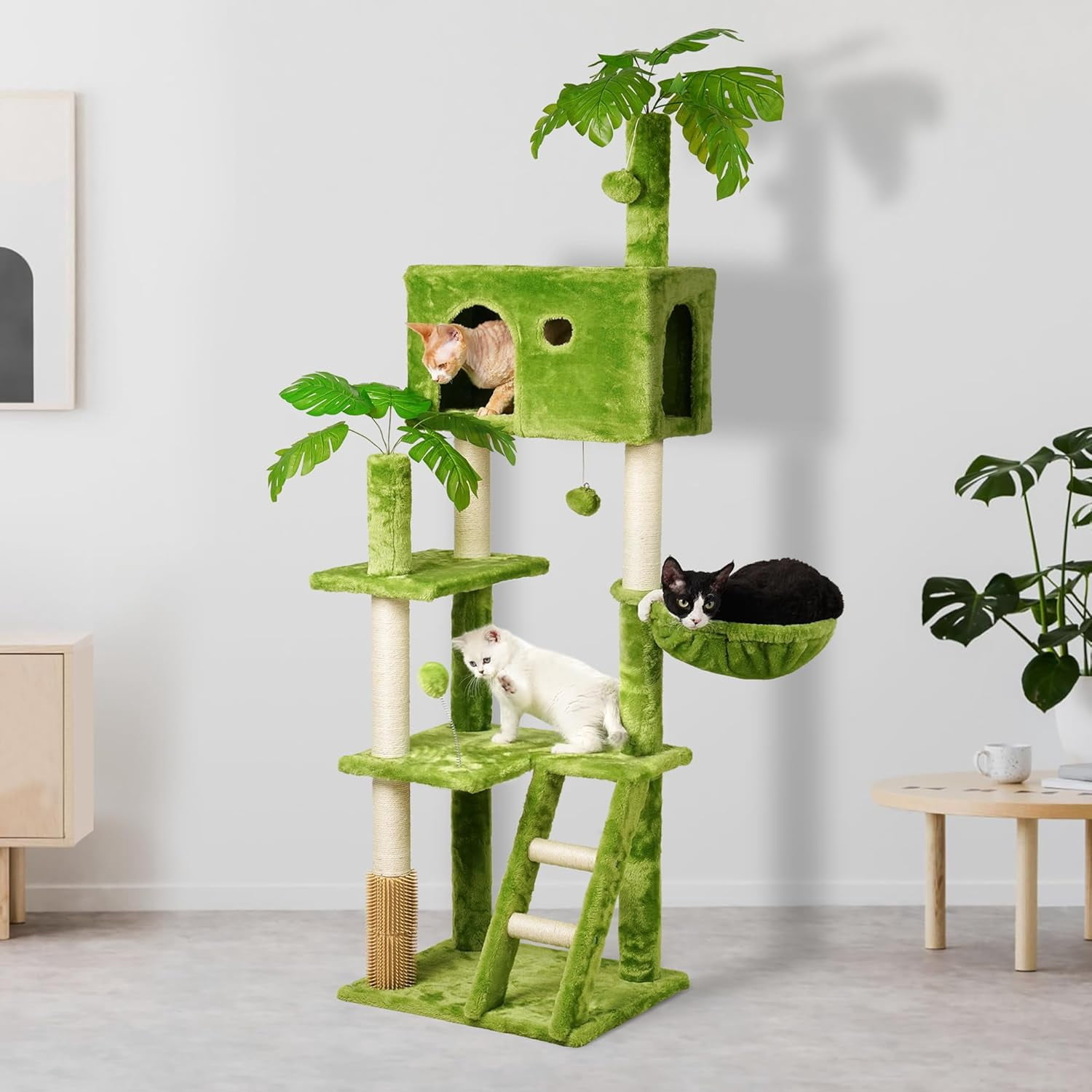 Cat Tree with Leaves for Indoor Cats, Green Cat Tower with Scratching ...