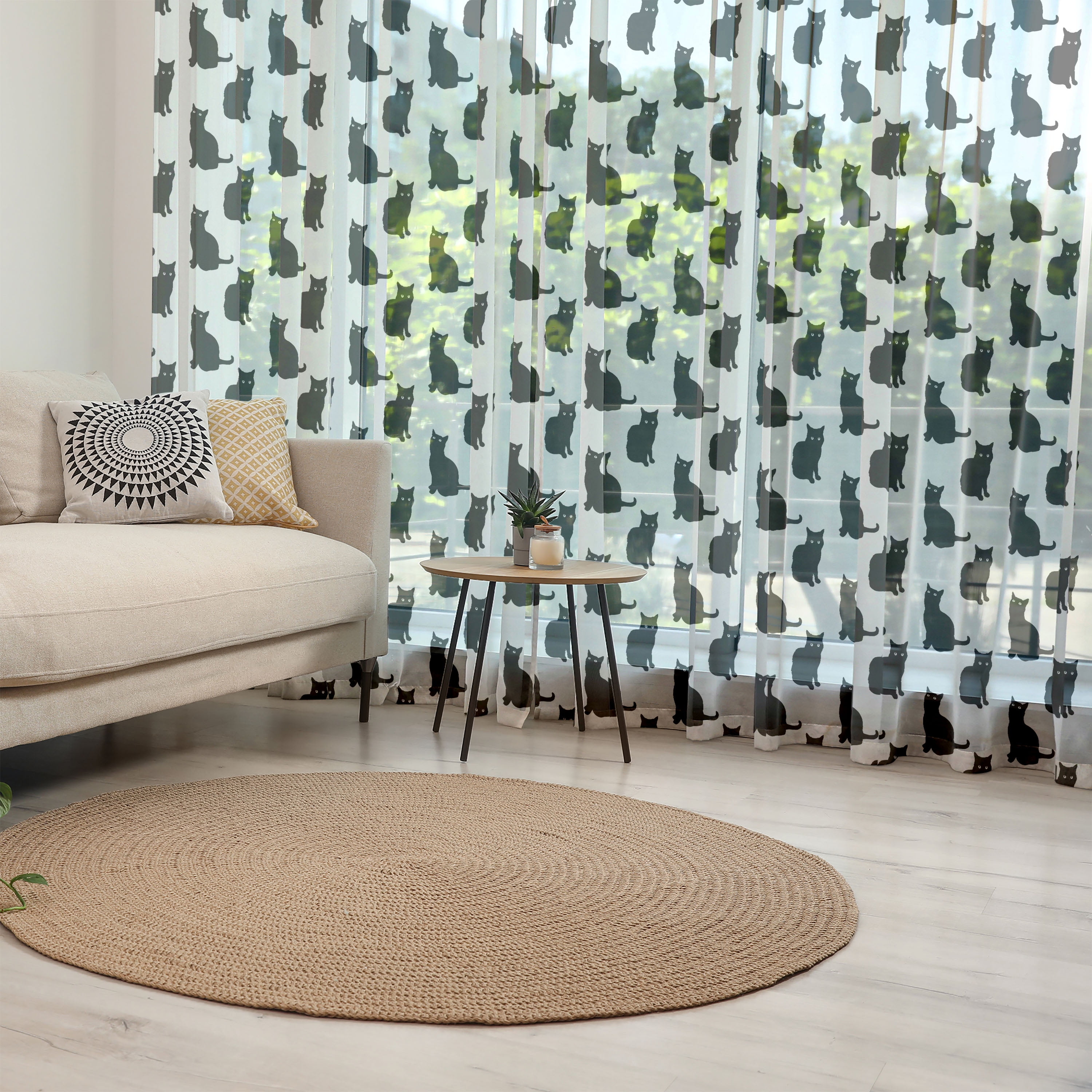 Cat Tulle Curtains with Rod Pocket, Black Cat on White Backdrop Playful ...