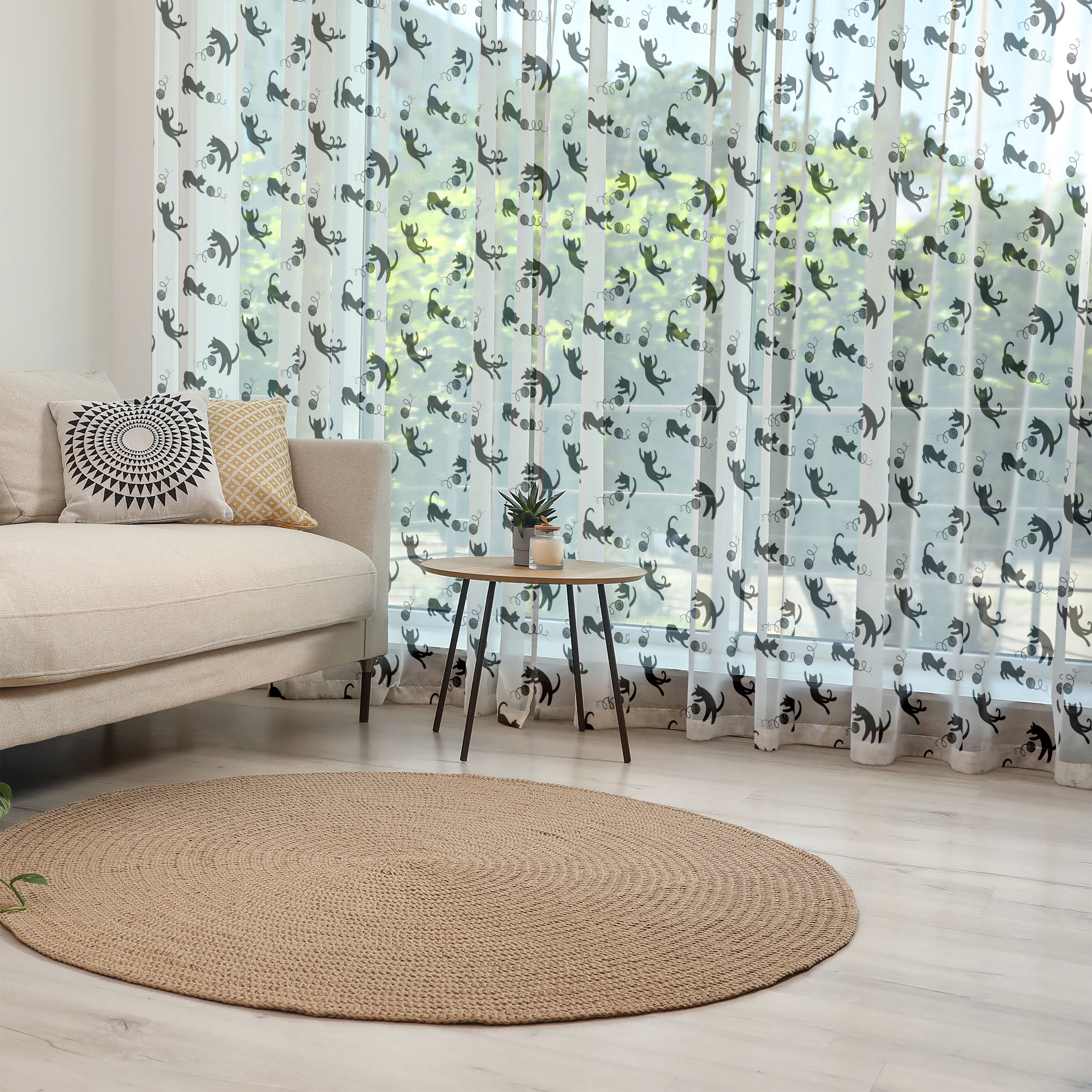 Cat Tulle Curtains with Rod Pocket, Domestic Animals Chasing After Yarn ...