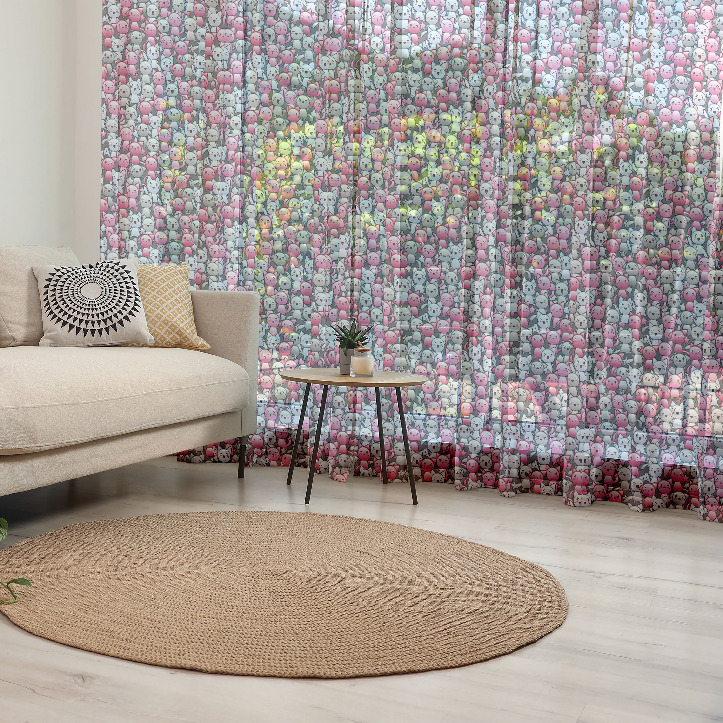 Cat Tulle Curtains with Rod Pocket, Kawaii Doodle Cats Pattern Smiling ...