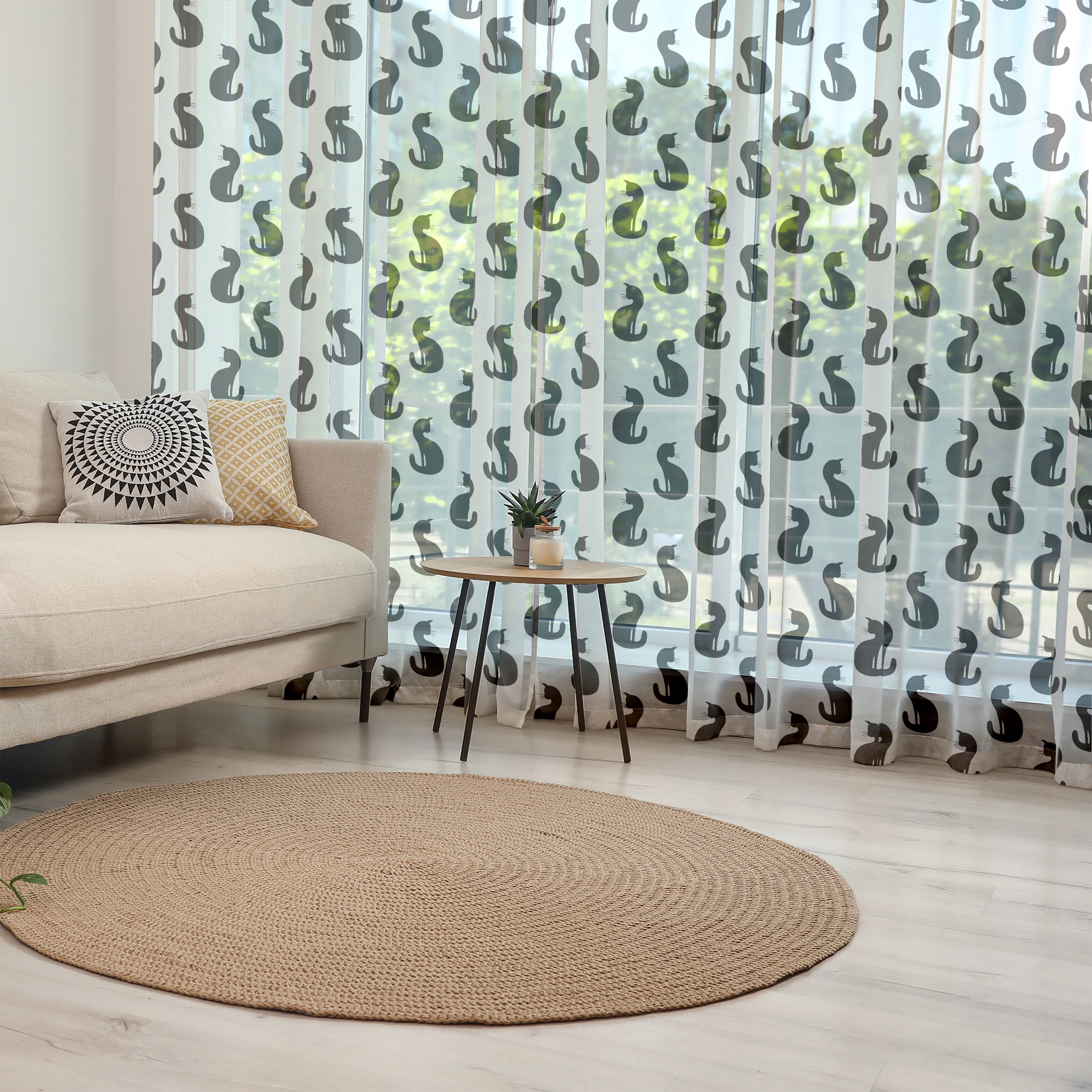 Cat Tulle Curtains with Rod Pocket, Silhouette of a Kitten Monochrome ...