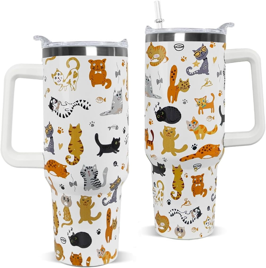 Cat Tumbler with Handle and Straw 40 oz Cat Cup Coffee Cute Funny Travel Mug Stainless Steel ...