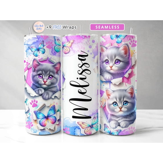 Cat Tumbler Wrap Design Butterfly Watercolor Add Your Own Name/Text ...