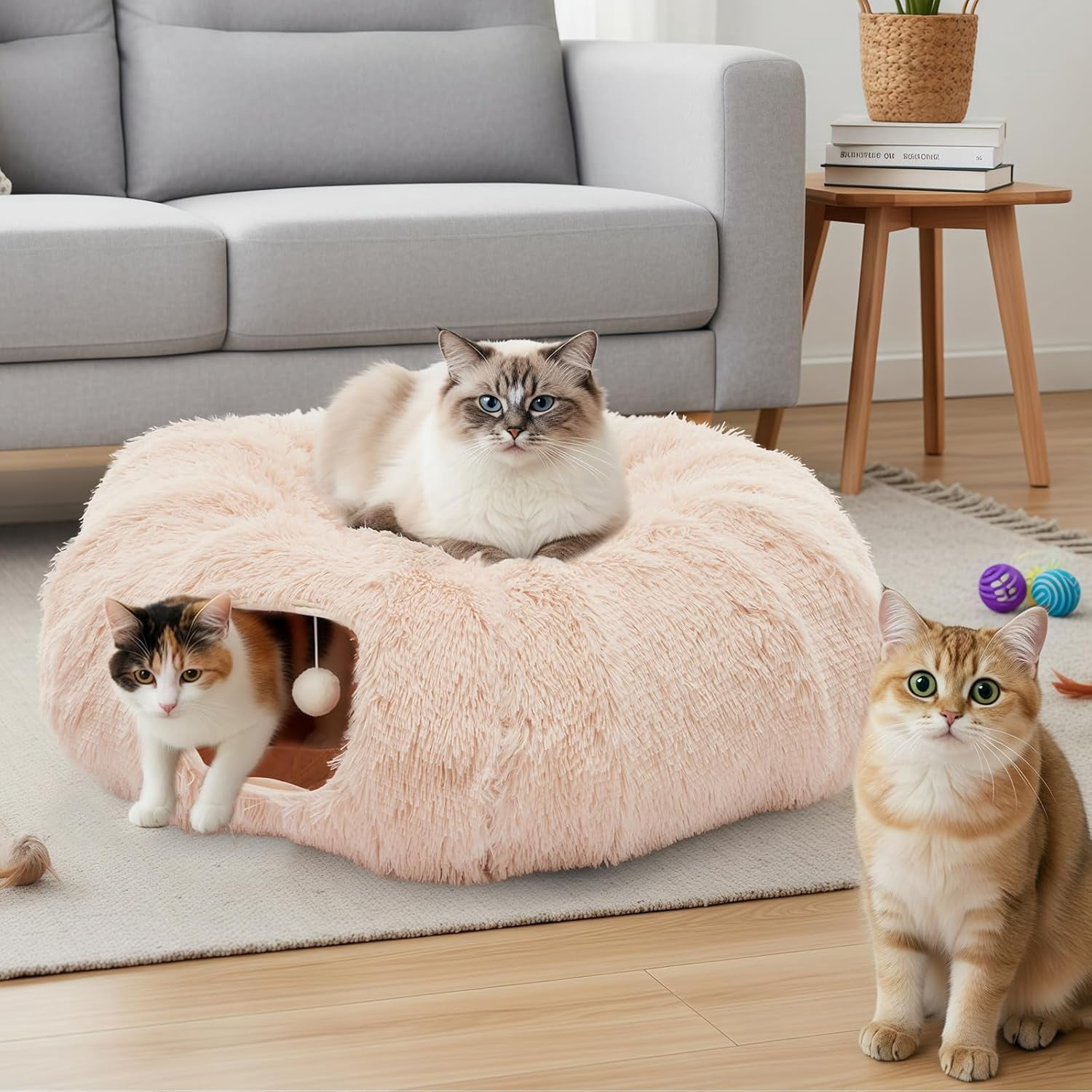Cat Tunnel Bed for Indoor Cats Cave Donut Play Tunnel, Soft Plush ...
