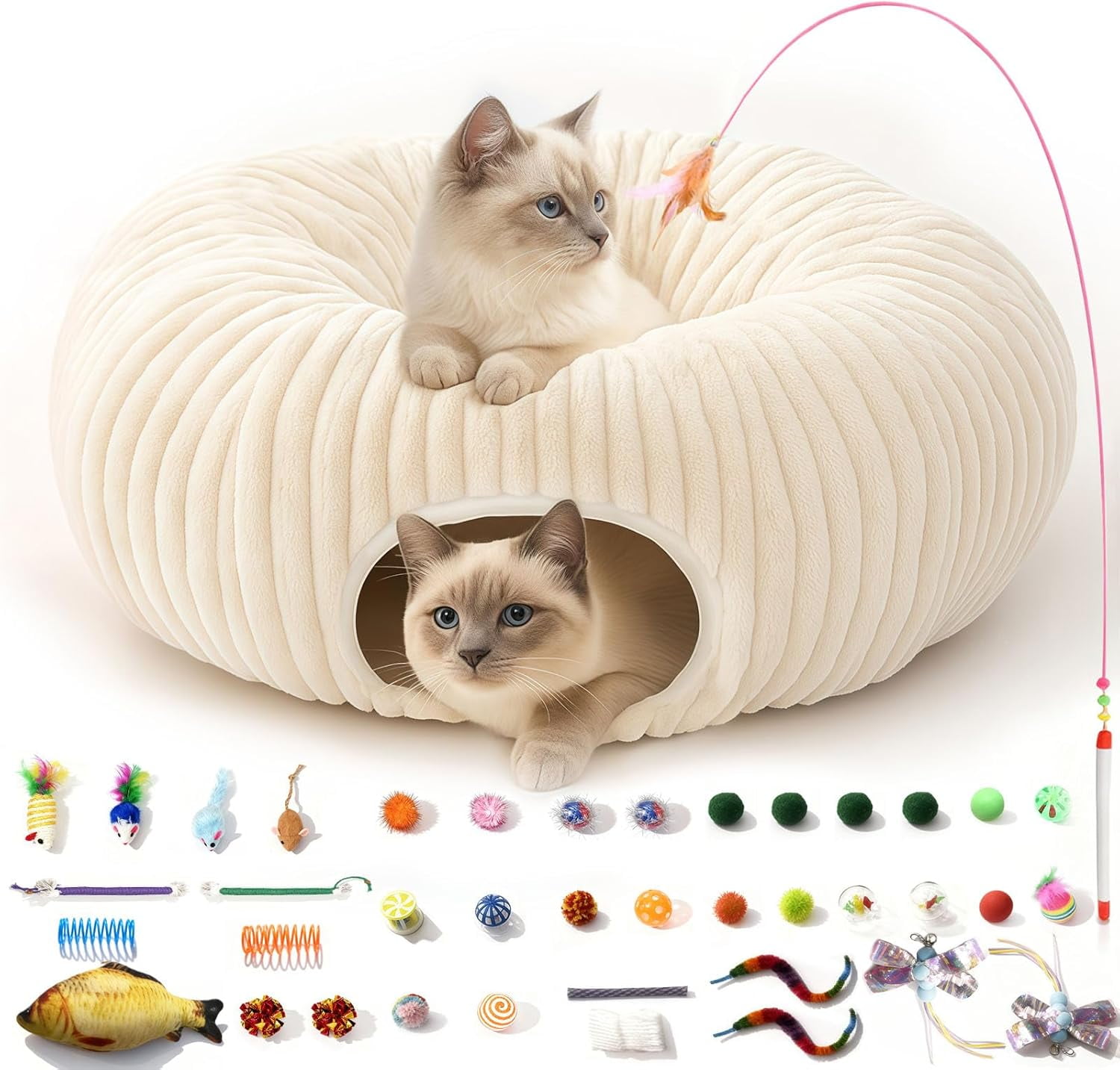 Cat Tunnel Bed with 40 Cat Toys, Collapsible Play Tunnel for Indoor ...
