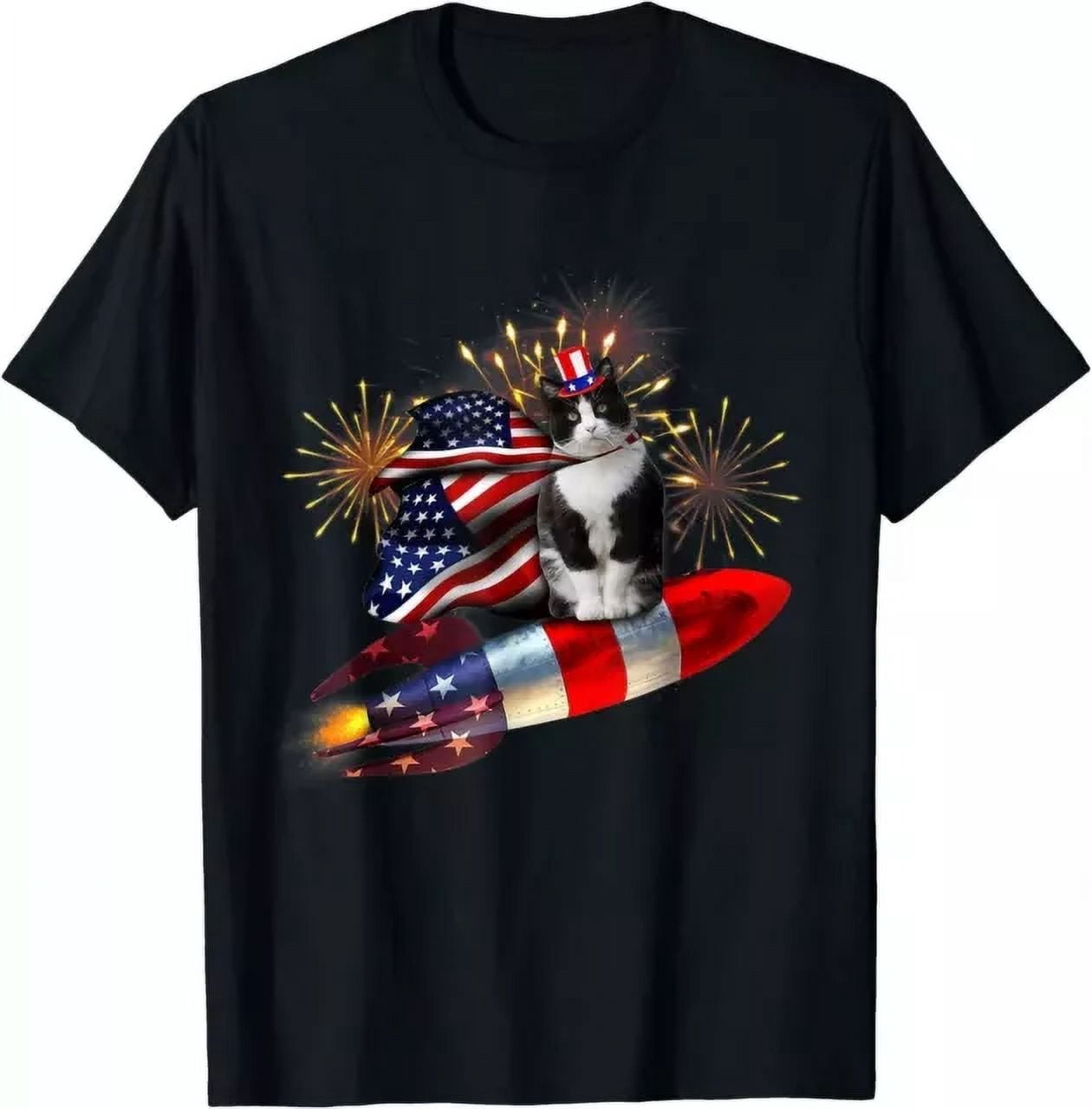 Cat Tuxedo 4Th Of July Rocket With Fireworks Usa Patriotic T-Shirt ...