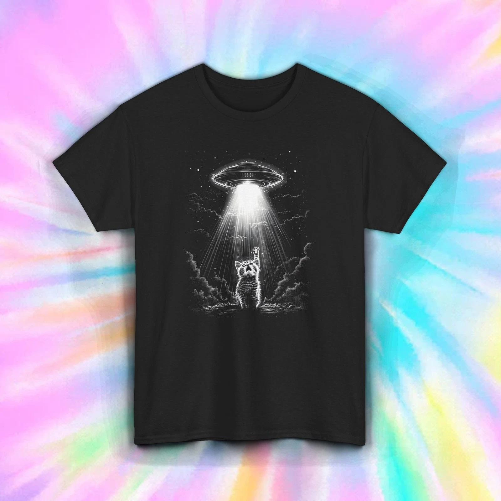 Cat UFO Funny Alien Abduction Kitty Beam Space Galaxy Unisex T-Shirt ...