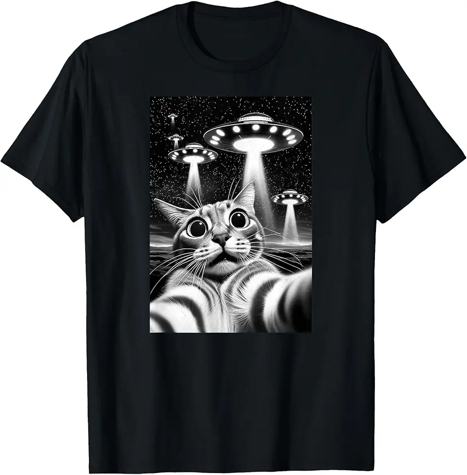Cat UFO | Funny Invasion Meme Retro Alien Cat UFO Selfie T-Shirt ...