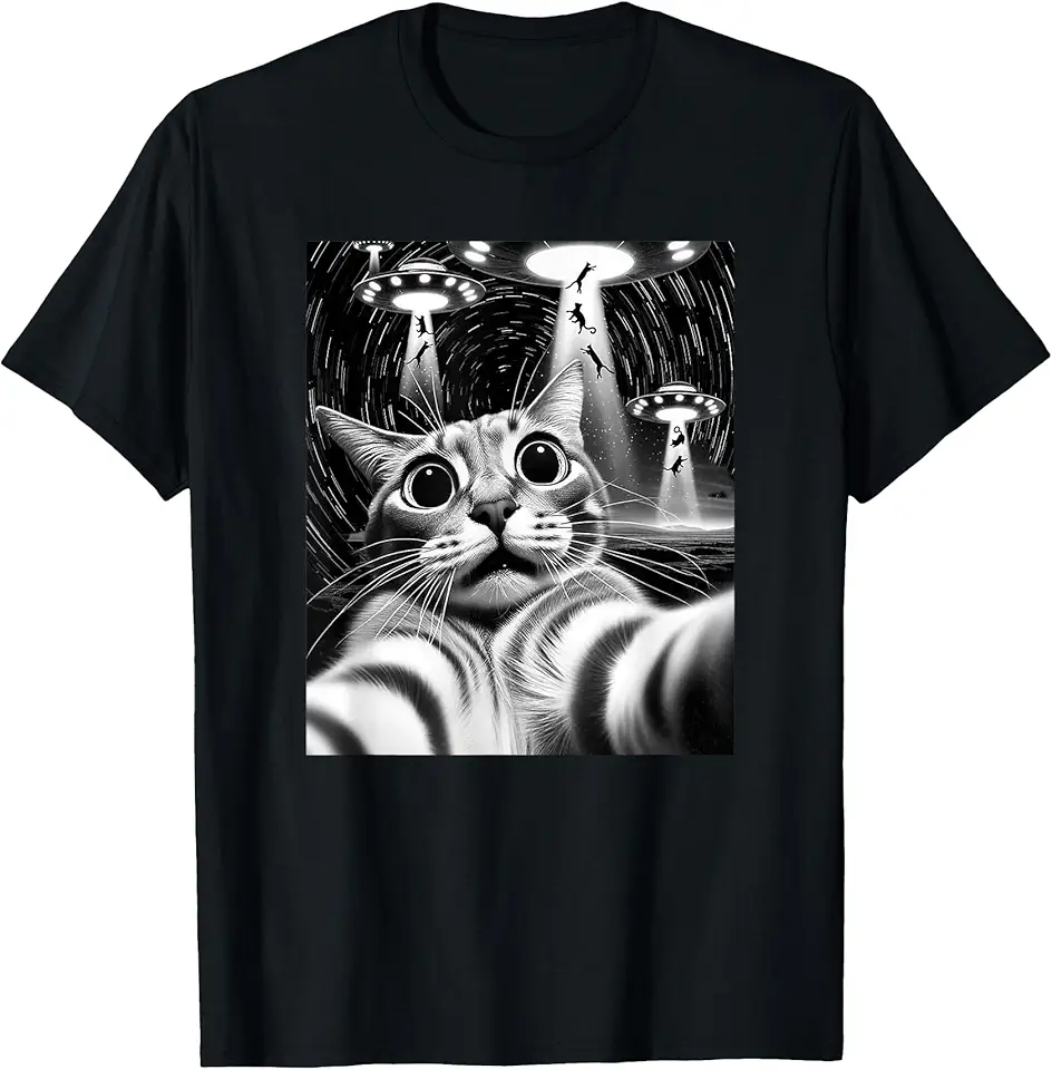 Cat UFO Invasion | Funny Cat Meme Retro Alien Cat UFO Selfie T-Shirt ...