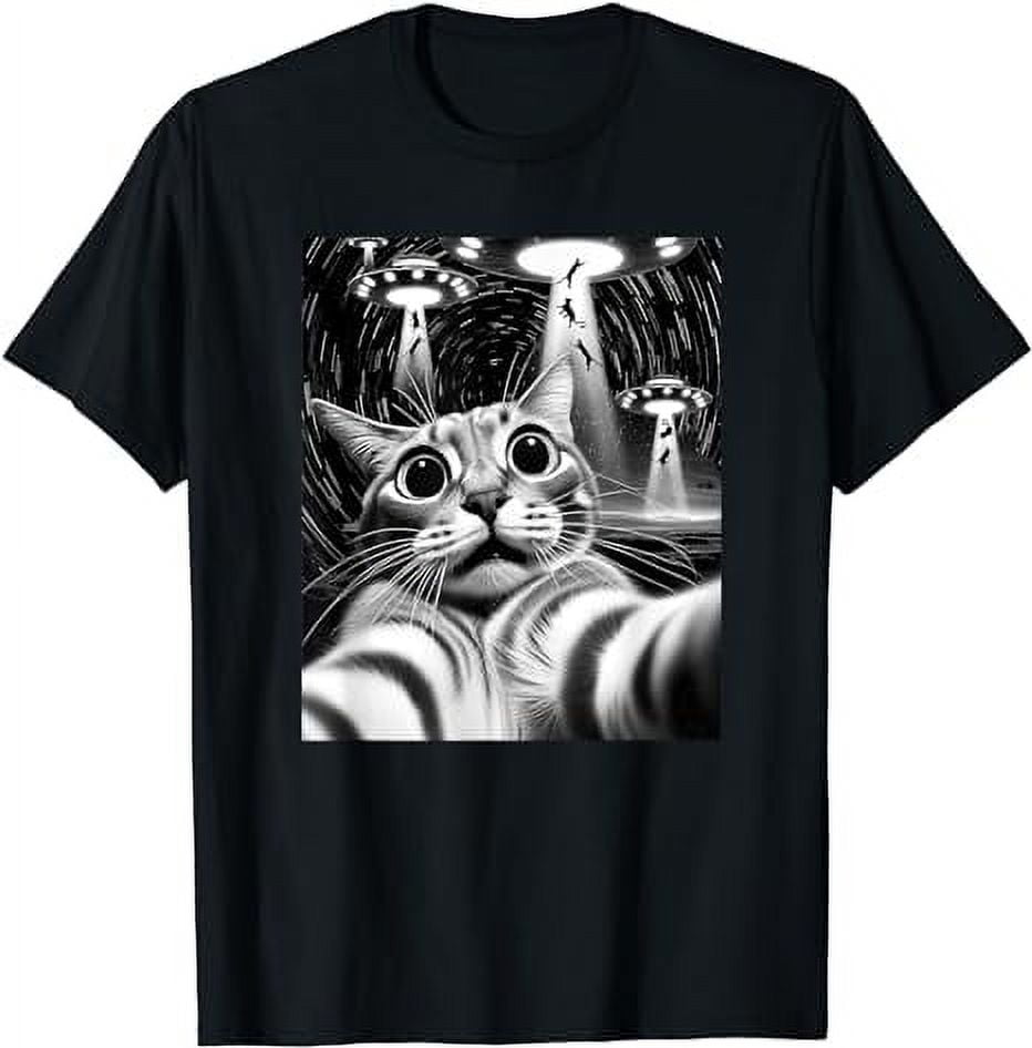 Cat UFO Invasion | Funny Cat Meme Retro Alien Cat UFO Selfie T-Shirt ...