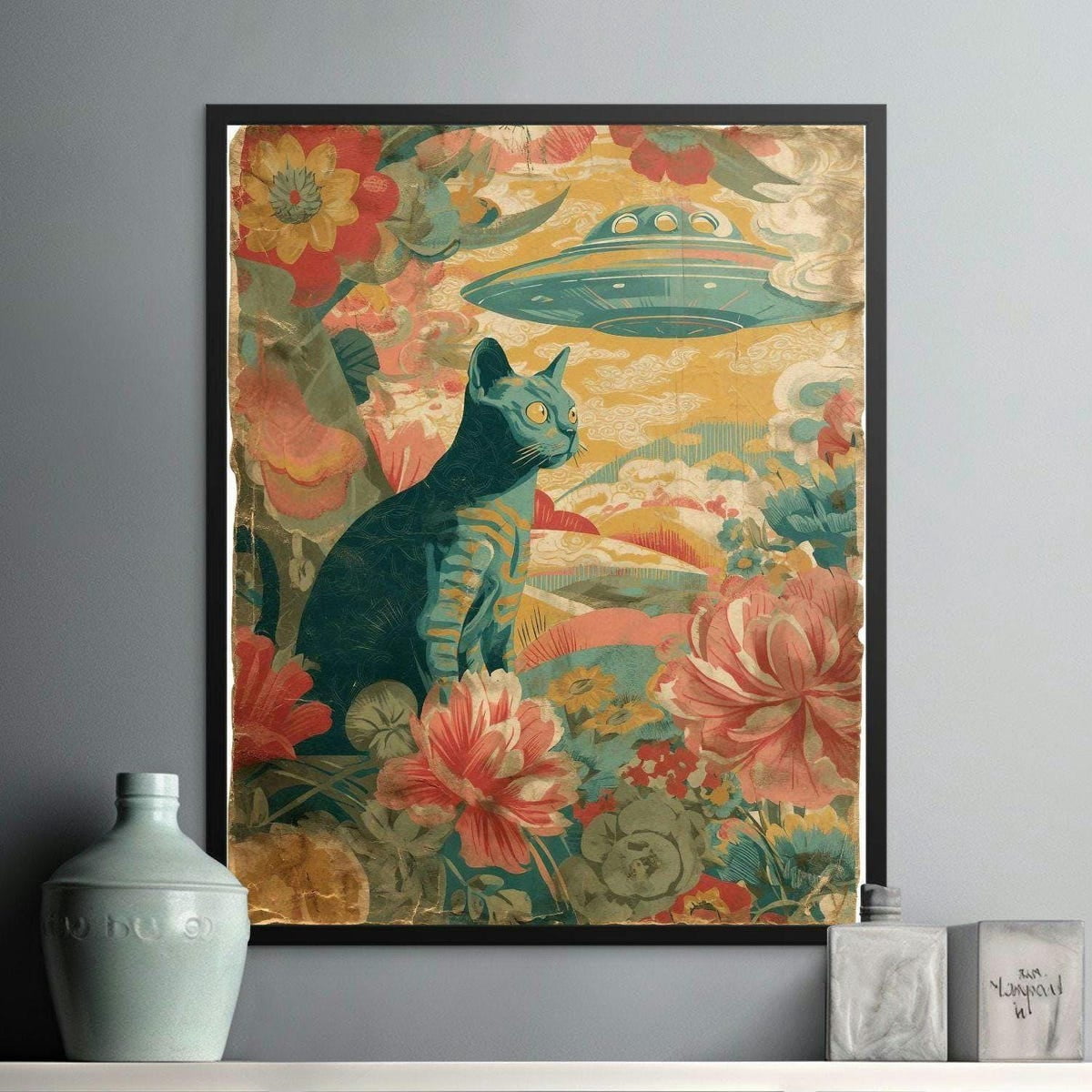 Cat UFO Posters, Floral Landscape Print, Quirky Wall Art, Vintage ...