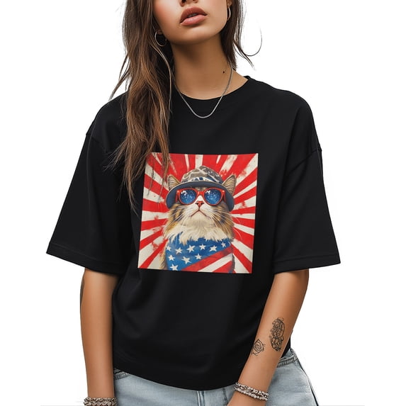 Cat USA Flag T Shirts for Women Short Sleeve Cotton Crewneck T-Shirt ...