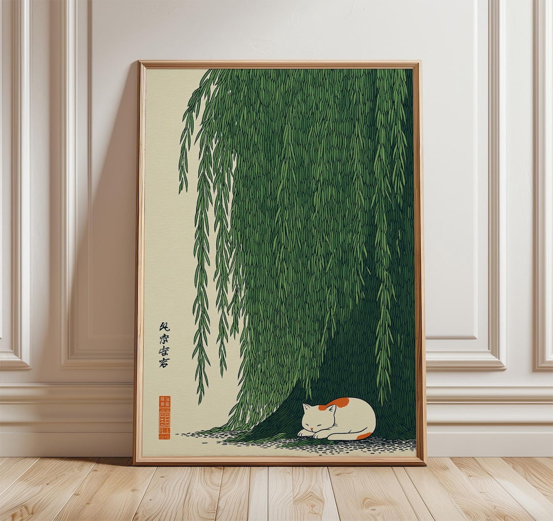 Cat Under Willow Tree Japanese Style Green Nature Animal Wall Art ...