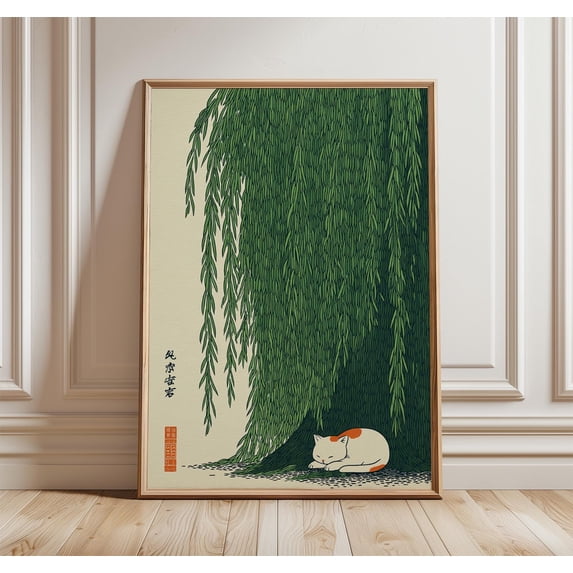 Cat Under Willow Tree Wall Art, Japanese Style Print, Green Nature ...