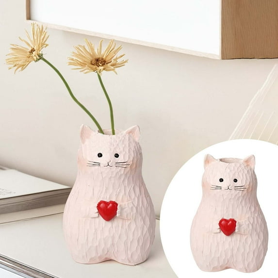 Cat Vase Resin Cat Shaped Vase Cat Statue Holding Heart Vase Modern ...