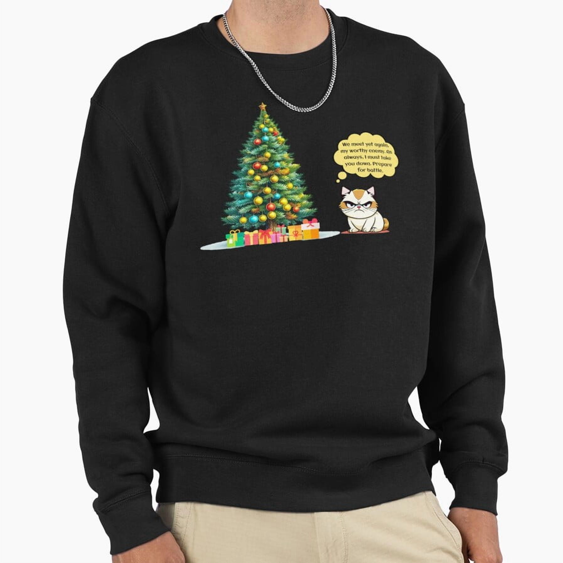 Cat Vs Christmas Tree Holiday Graphic Unisex Sweatshirt Funny Retro ...