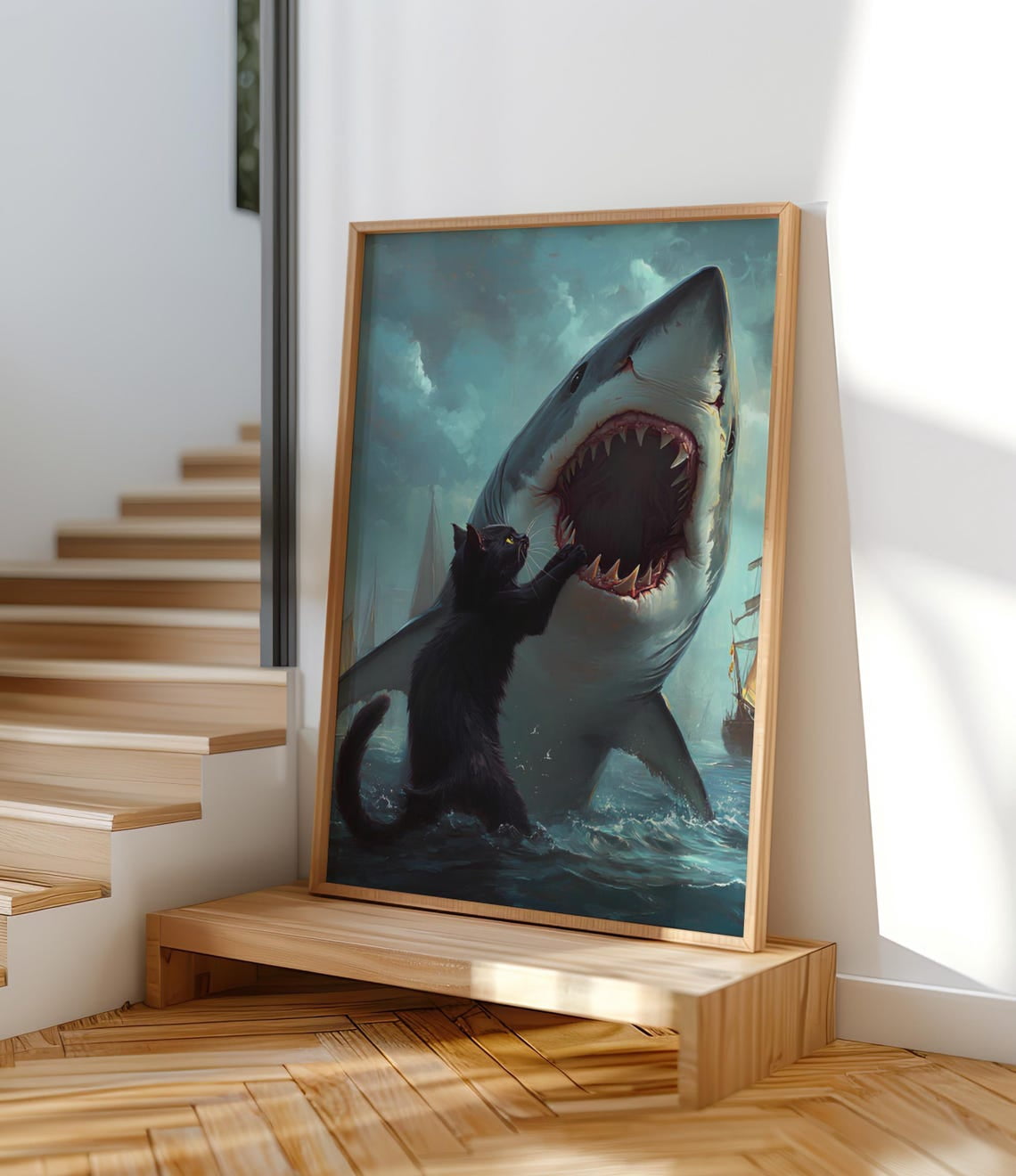 Cat Vs. Shark Print, Funny Cat Posters, Cat Wall Decor Print, Funny ...
