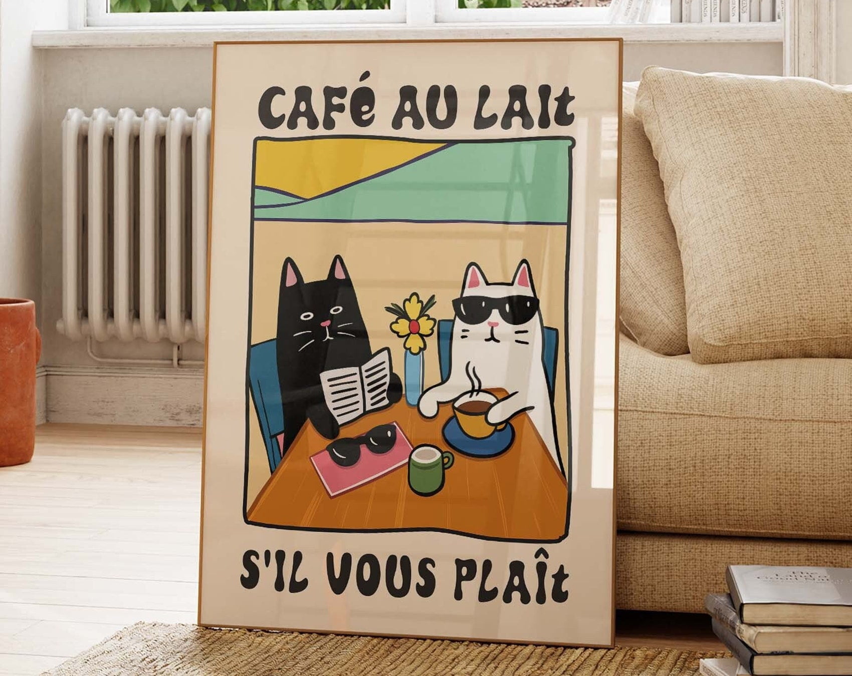 Cat Wall Art, Cafe Au lait Cat Print, Kitchen Wall Art, Retro Diner ...