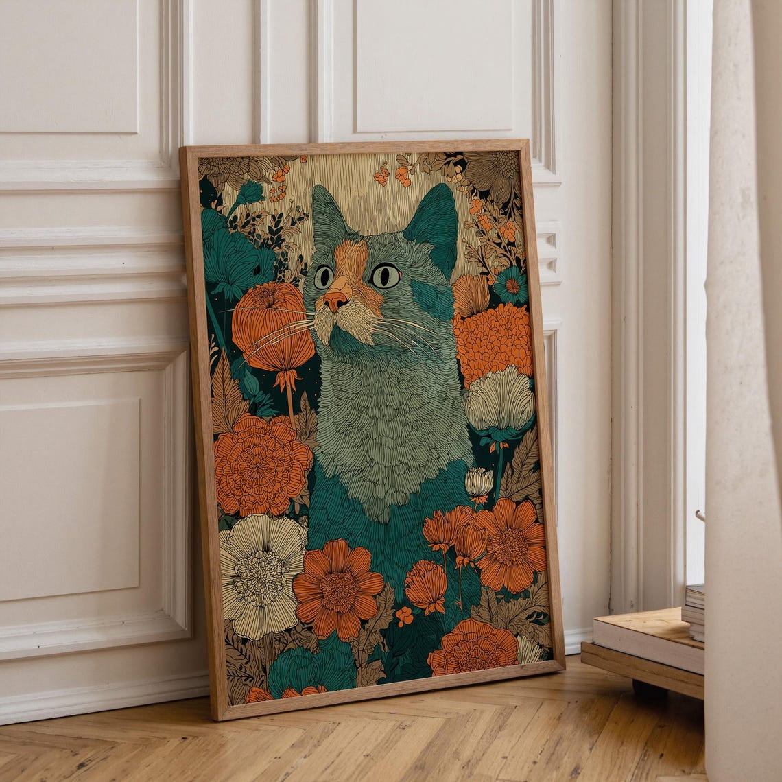 Cat Wall Art Print, Floral Cat Poster, Folk Art Animal Decor, Boho ...