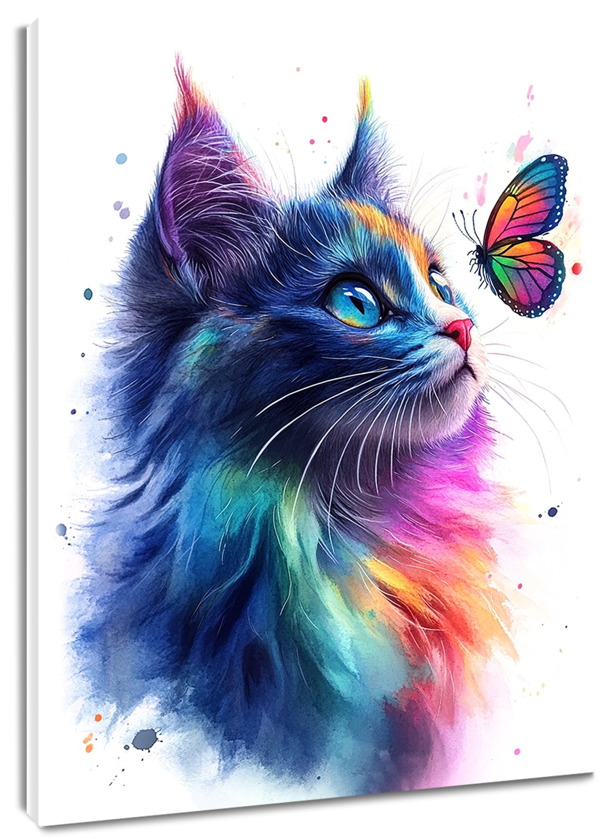 Cat Wall Art Watercolor Butterfly Cat Canvas Wall Art Funny Colorful ...