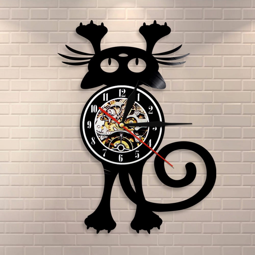 Cat Wall Clock For Pet Owners Funny Kitten Wall Art Black Cat Vinyl ...
