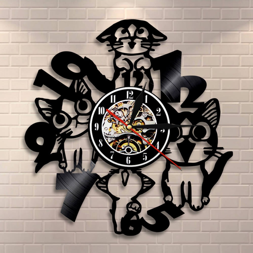 Cat Wall Clock Kitty Silhouette Cats Meow Wall Art Vinyl Record Clock ...