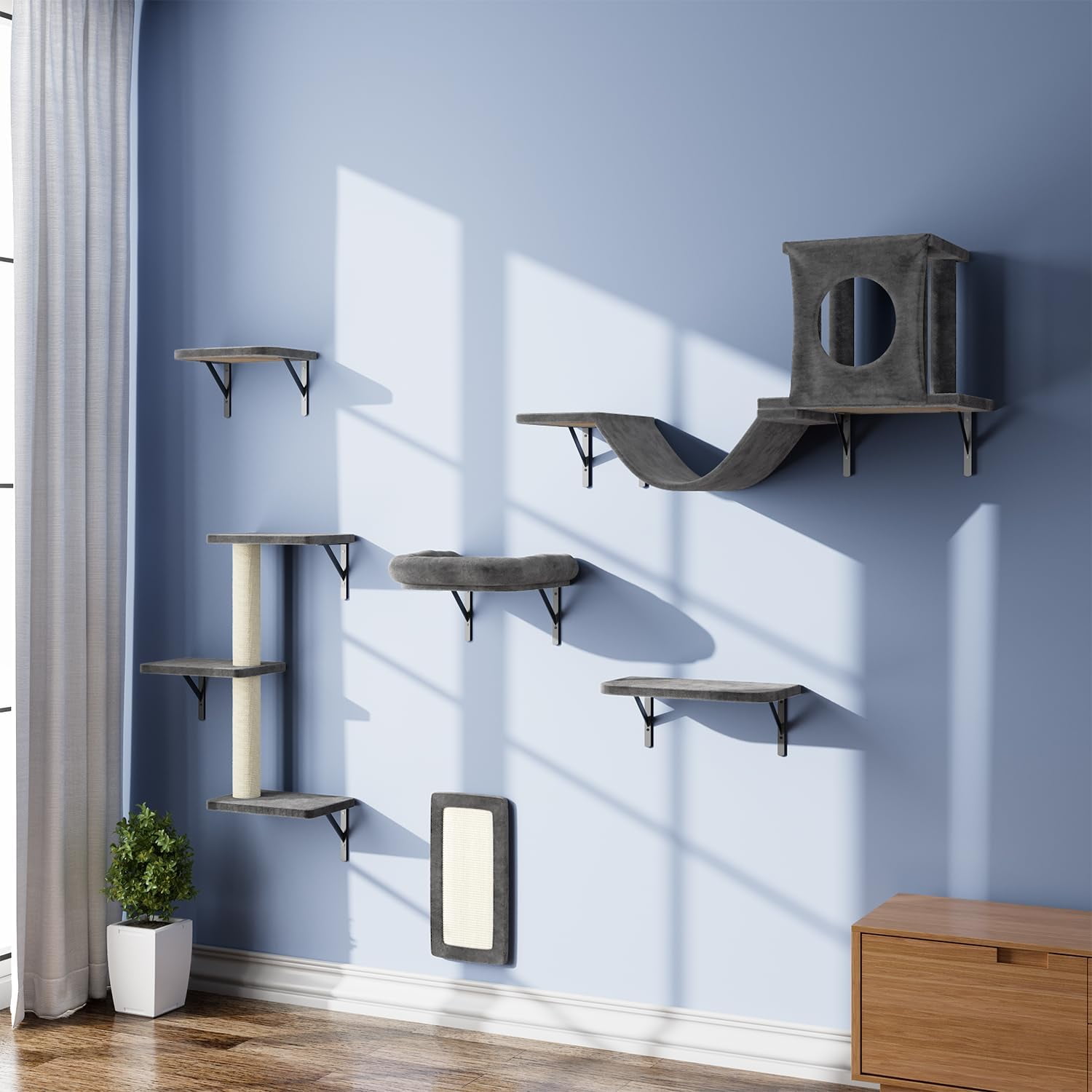 Cat Wall Shelves, 6pc Cat Wall Furniture, Cat Climber with Cat House ...
