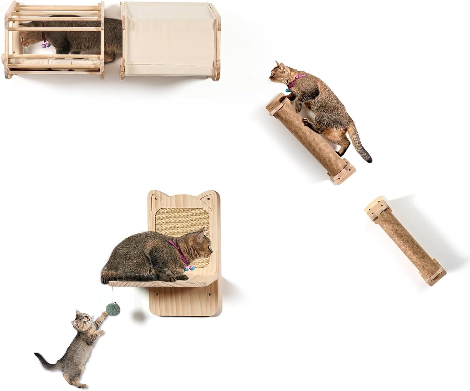 Cat Wall Shelves & Climbing Set - Wooden Wall-Mounted 5-Piece Multi ...