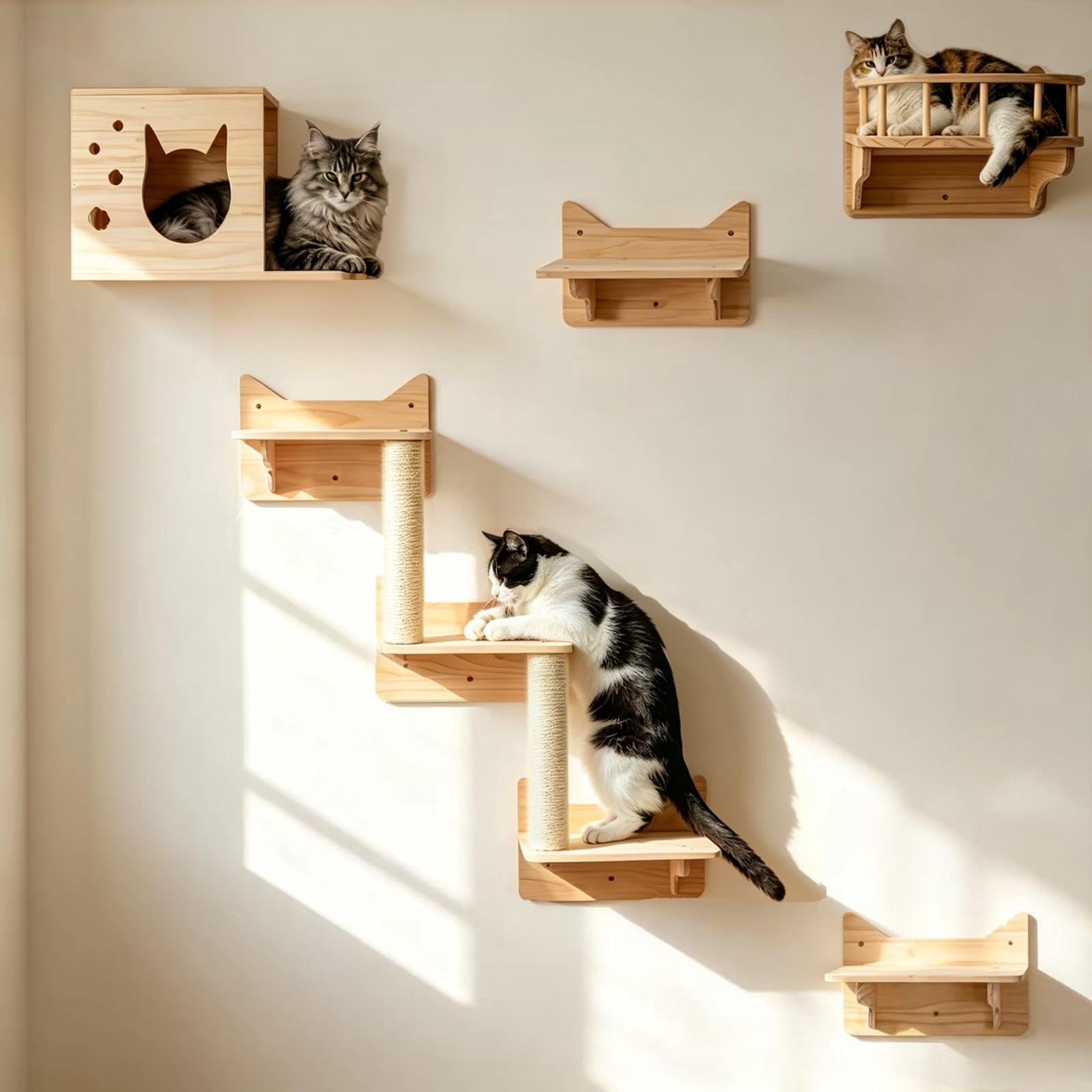 Cat Wall Shelves For Large Cats 9pcs Solid Pine Furniture Set With ...