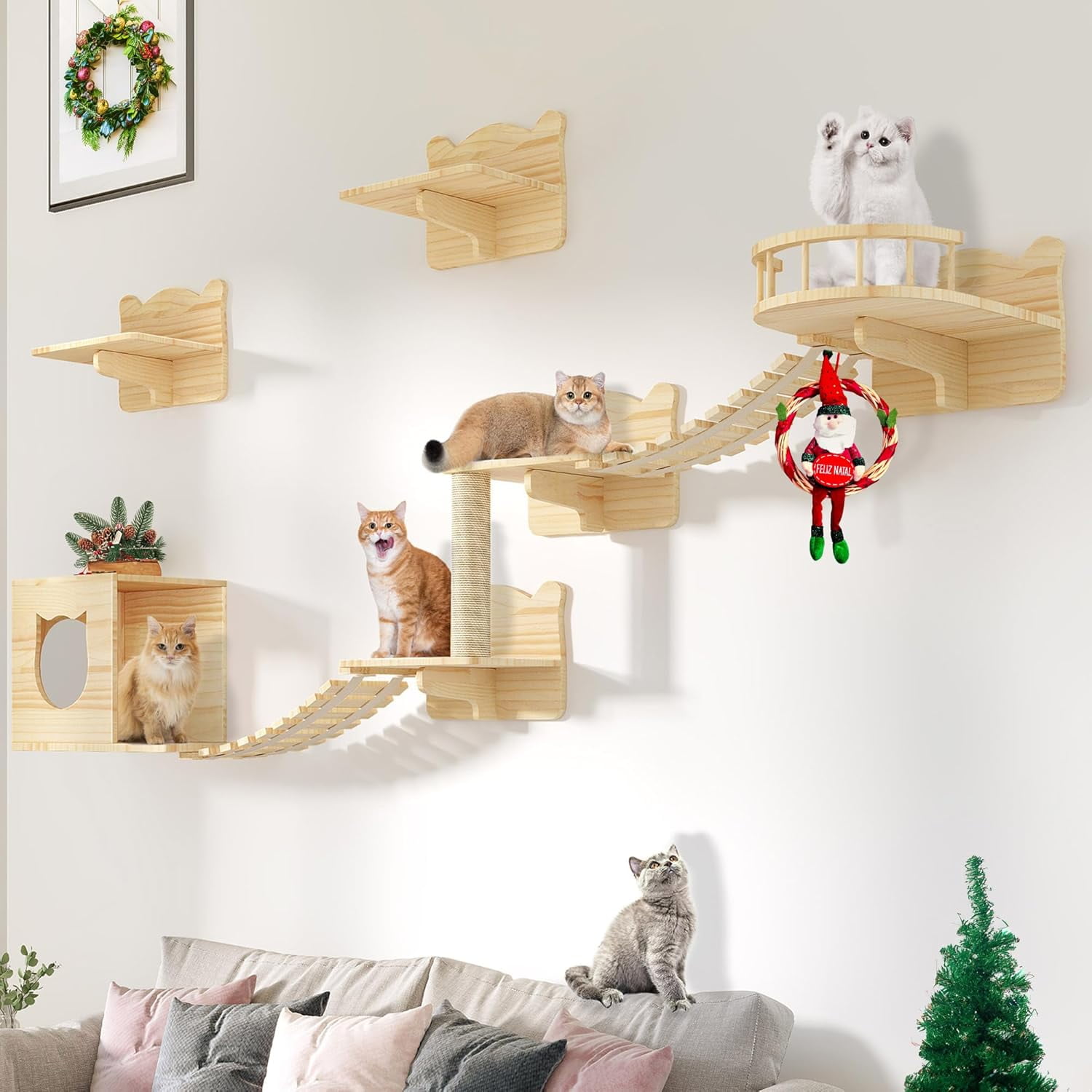 Cat Wall Shelves and Perches for Wall, Pine Wooden Wall Mounted Cat ...