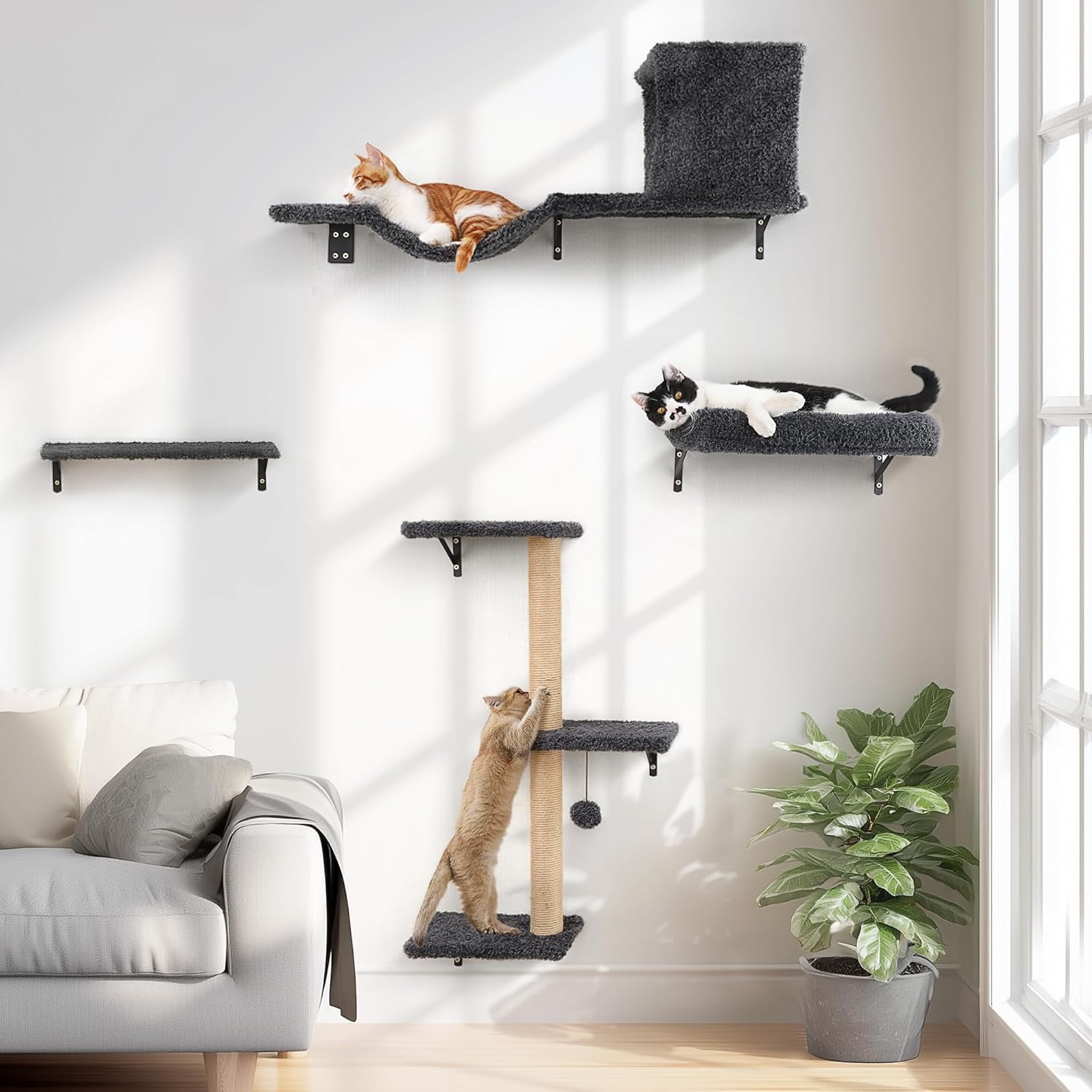 Cat Wall Shelves, Stable & Safe 4 in 1 Cat Furniture Set, Wooden ...
