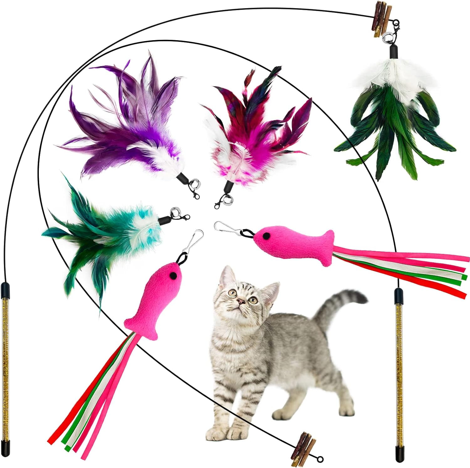 Cat Wand Toy, Cat Feather Toys with Silvervine & Bells, 2 * Cat Teaser ...